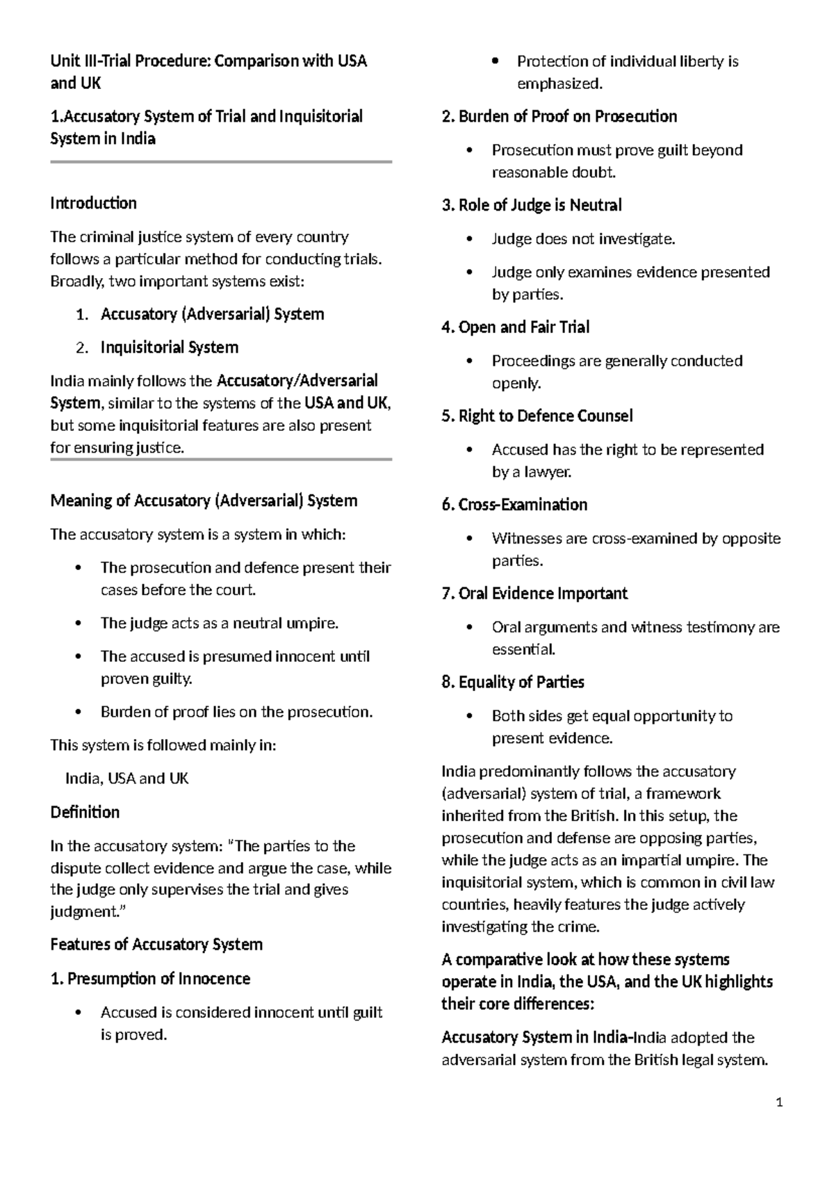 Unit 3: Comparative Analysis of Trial Systems in India, USA & UK - Studocu
