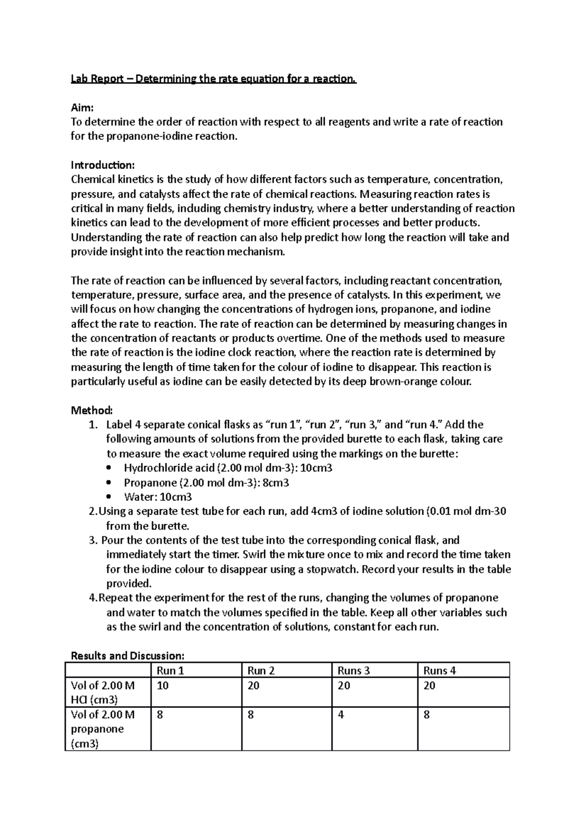 Lab report 2 - assignment - Lab Report – Determining the rate equation ...