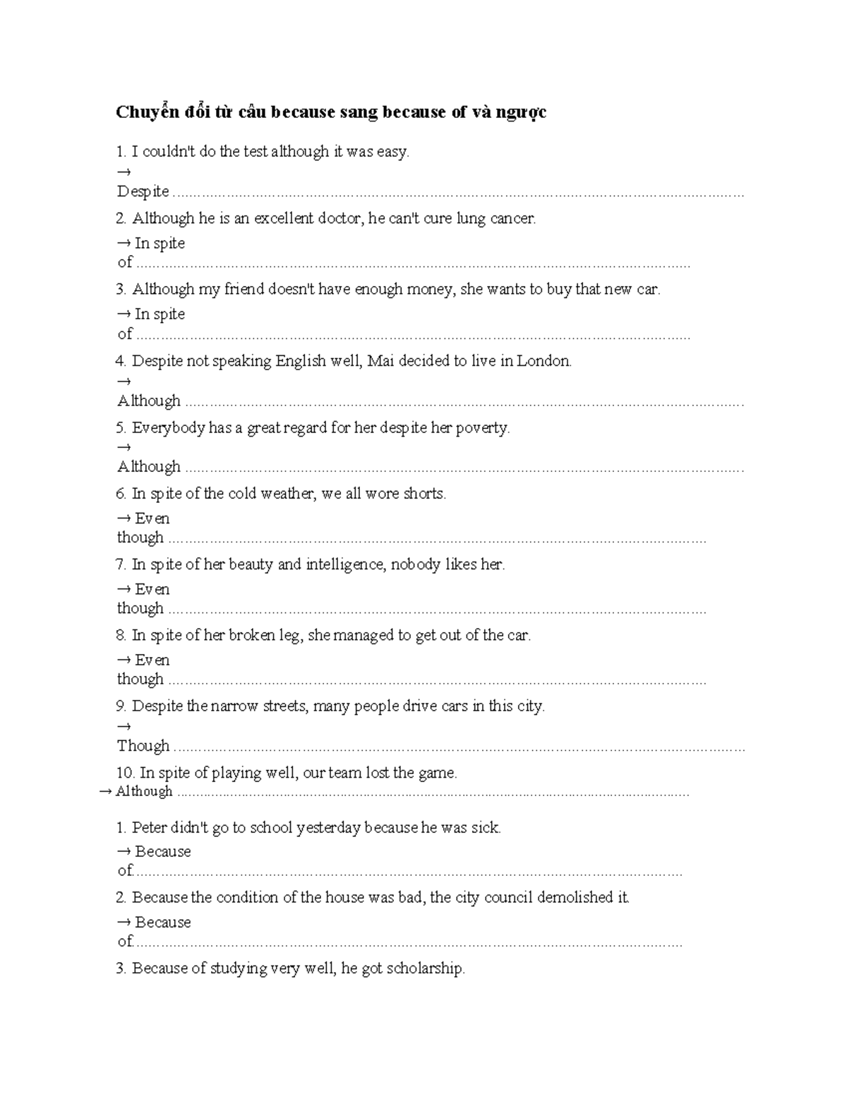 Bài Tập Về Câu Because và Because Of - Môn Học 22:4 - Studocu