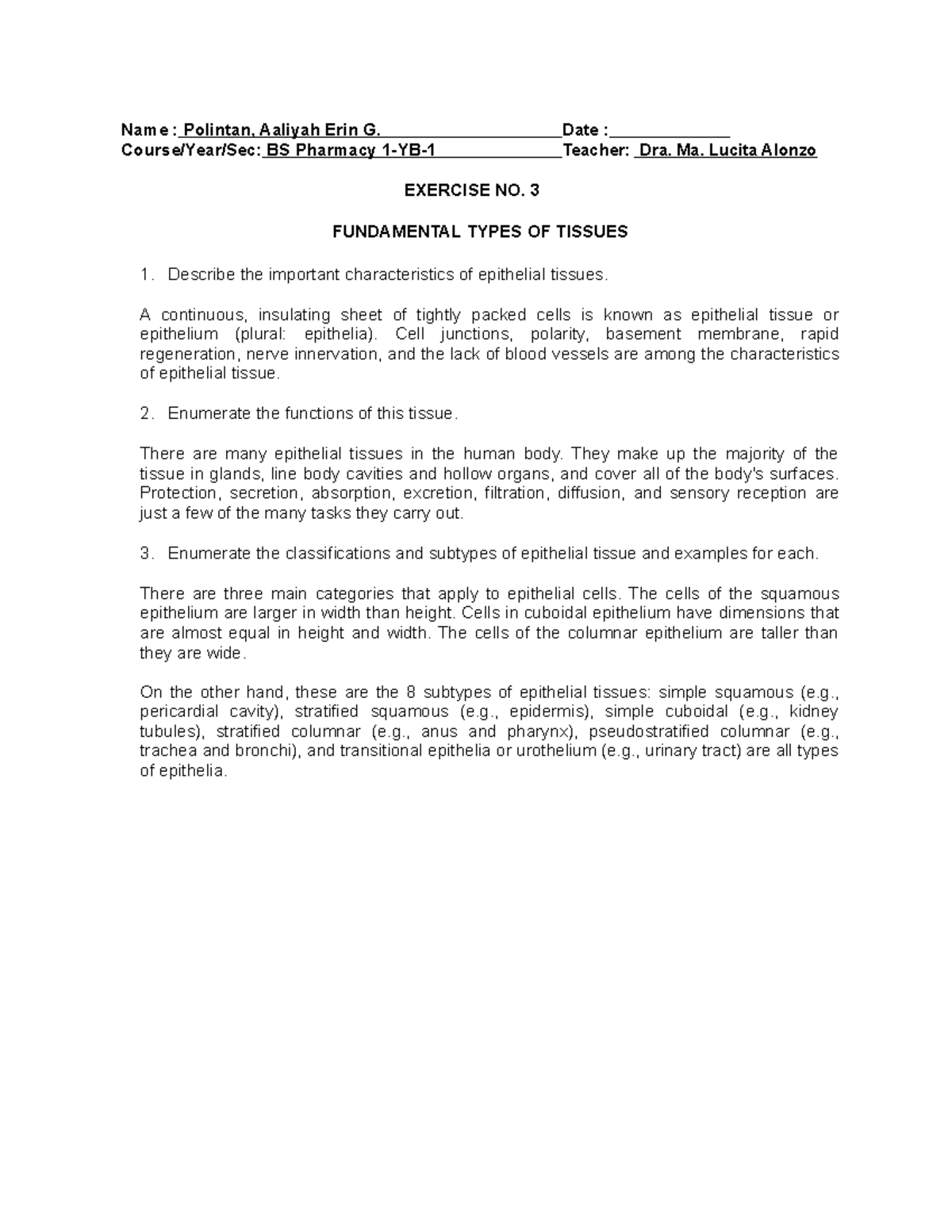 LAB Exercise: Fundamental Tissue Types & Integumentary System (BS Pharm 1-YB-1) - Studocu