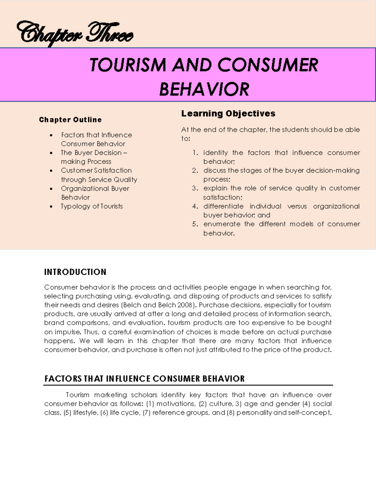 Chapter 3: Tourism and Consumer Behavior Insights (TDC 101) - Studocu