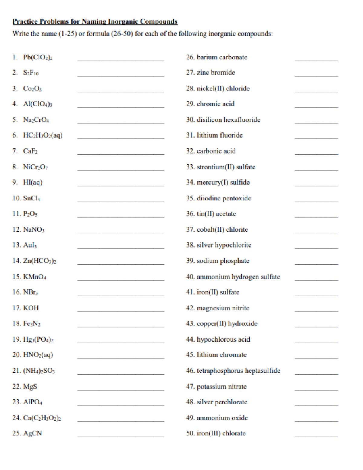 Inorganic Compounds Naming Practice Problems Worksheet - Studocu