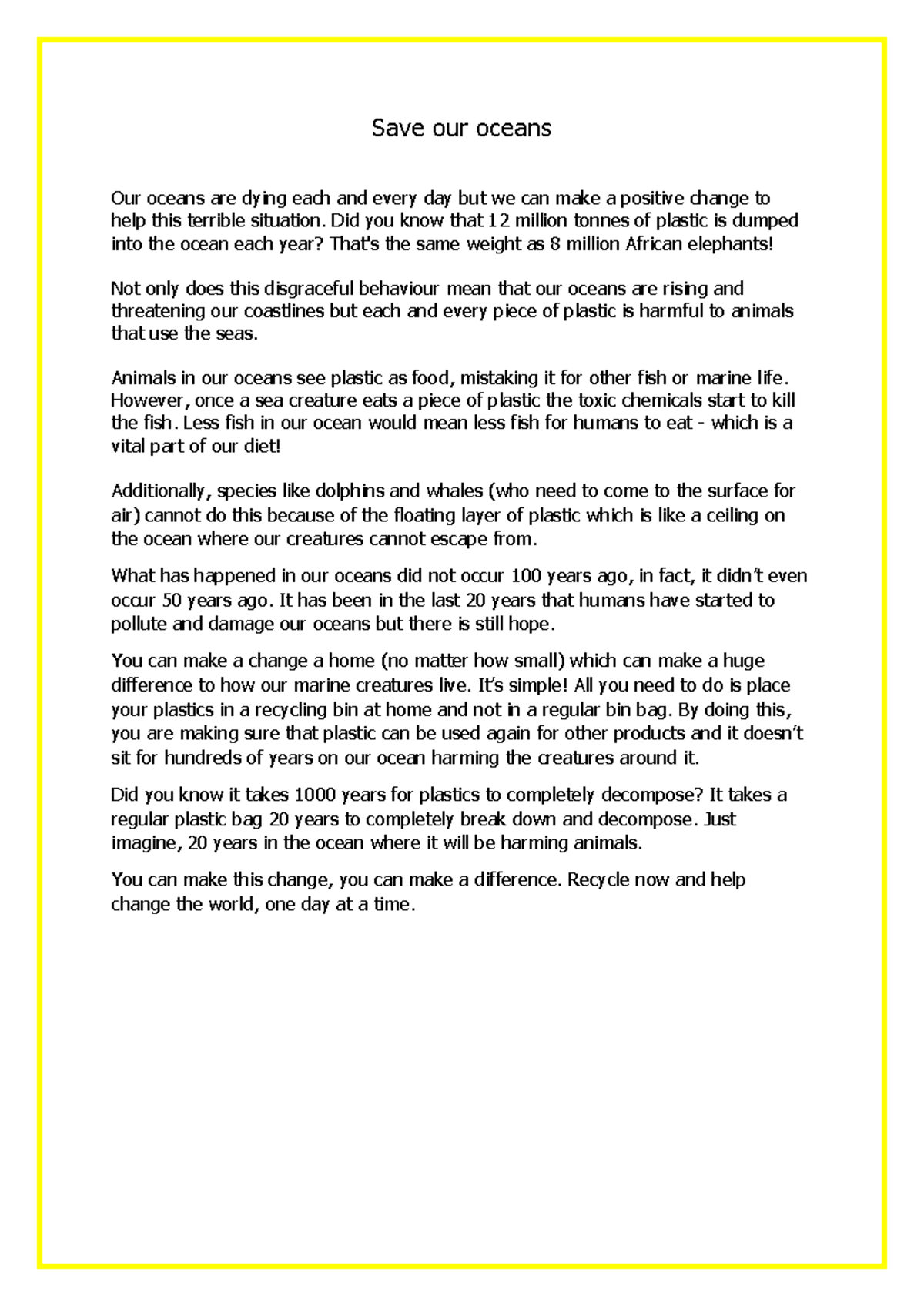 Year 4 Persuasive Writing: Save Our Oceans - A Call to Action - Studocu