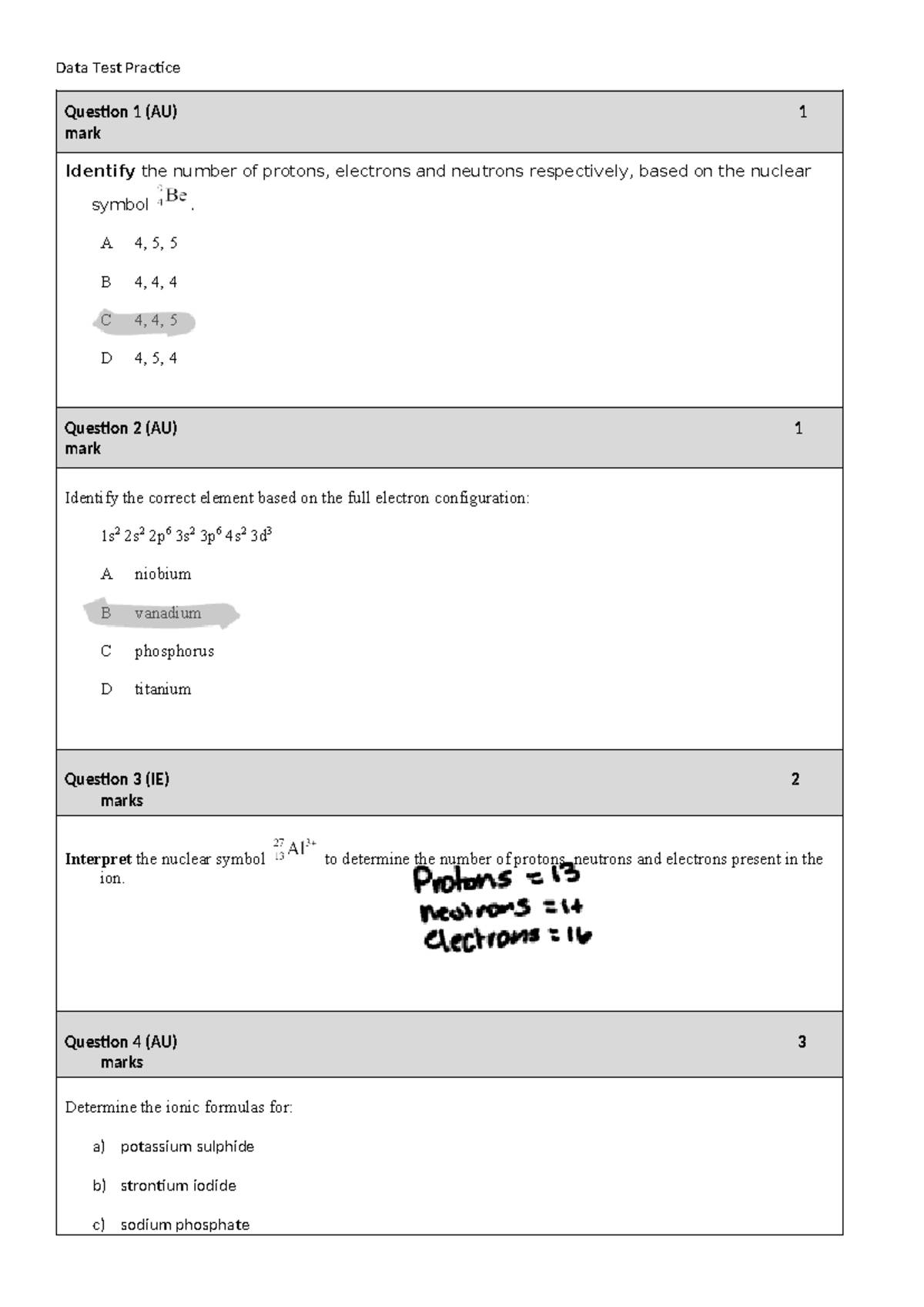 Data Test Practice Questions (AU) on Atomic Structure & Analysis - Studocu