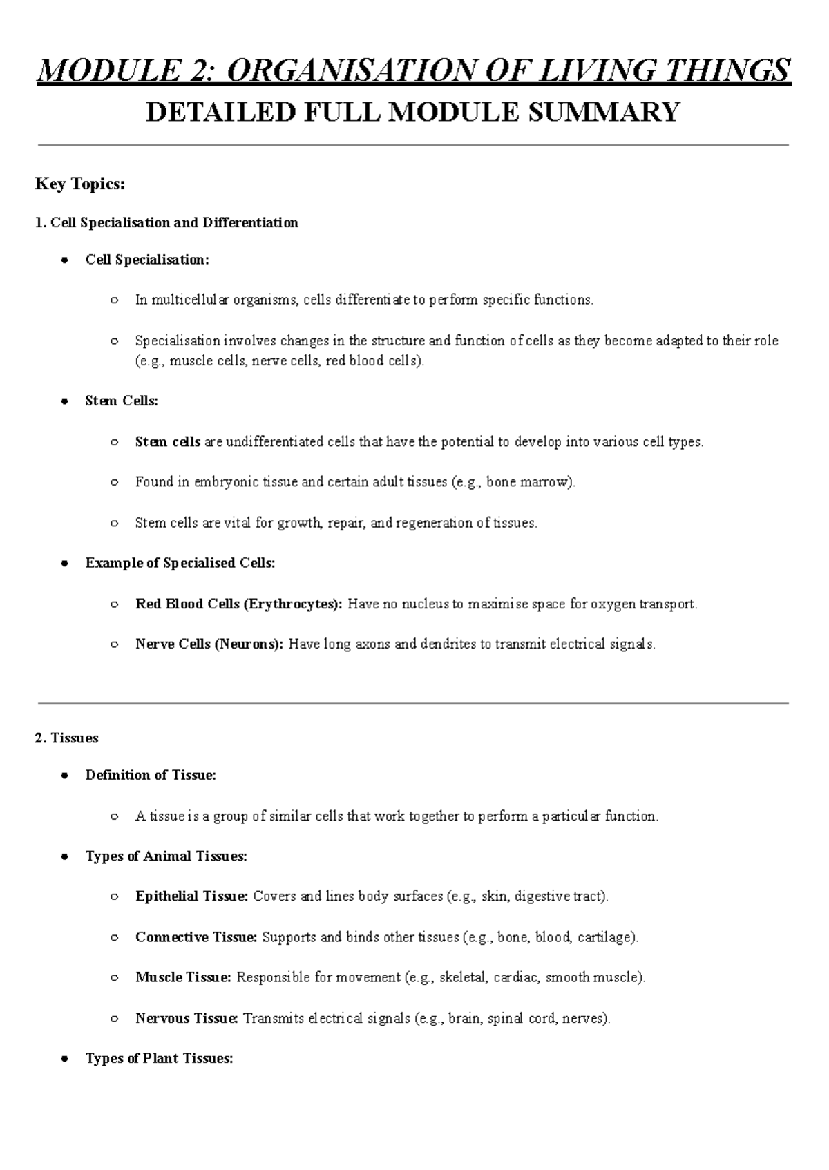 MOD2: Detailed Summary of Organisation of Living Things - Studocu