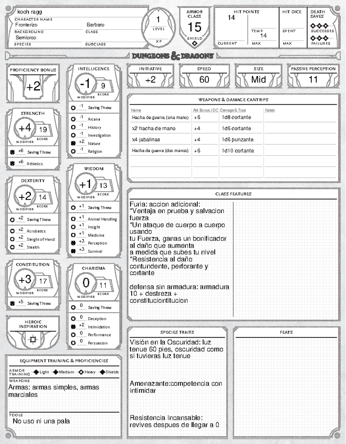 Final Exam Character Sheet: Fronterizo (Barbaro) - Course Code: KOOH ...