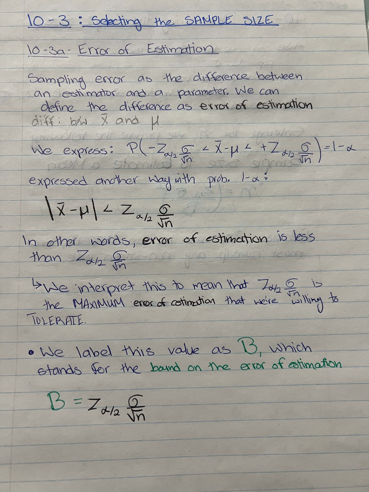 Selecting the Sample Size and Error of Estimation - CO 101 Notes - Studocu