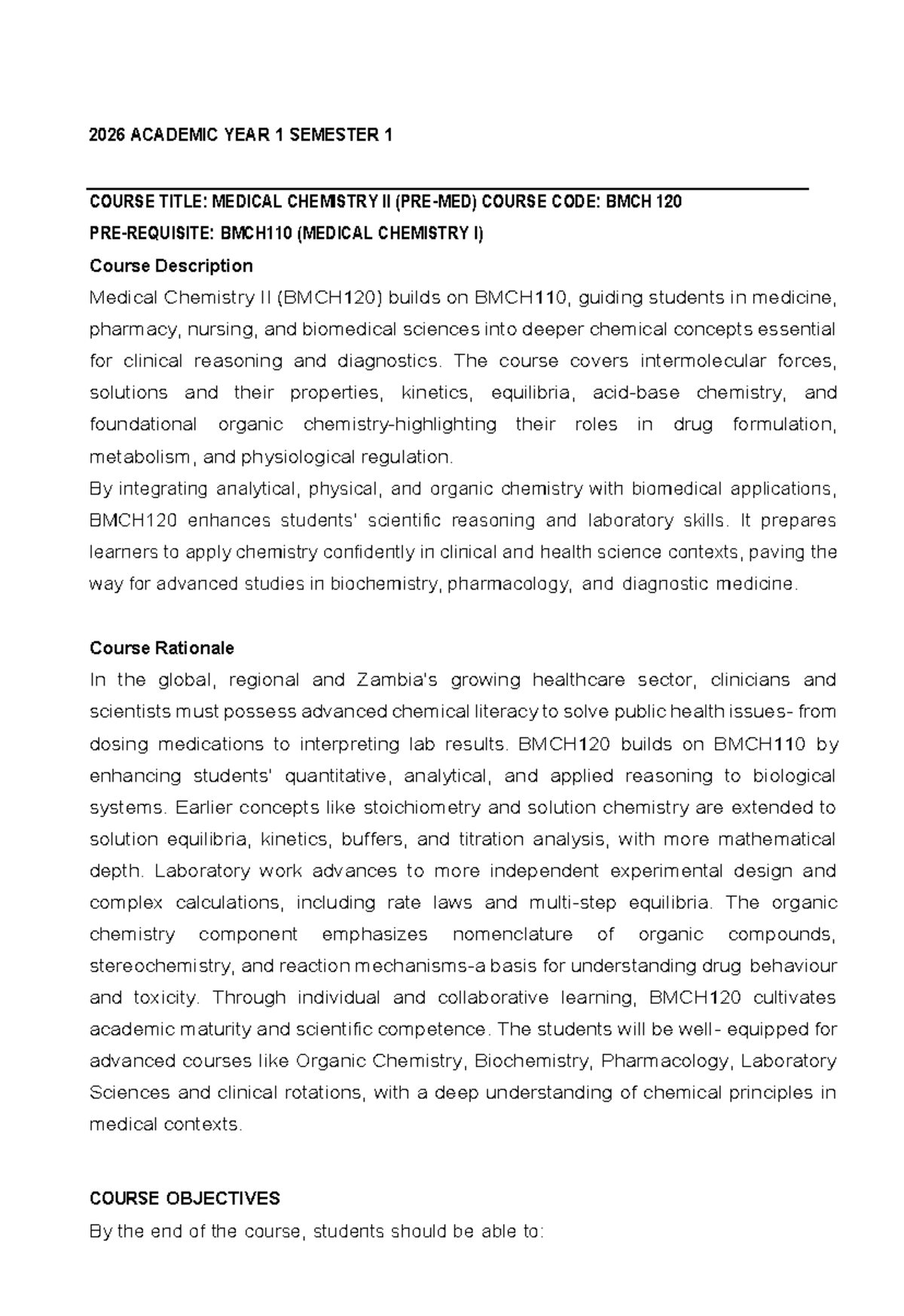 BMCH120 - Medical Chemistry II Course Outline and Objectives - Studocu