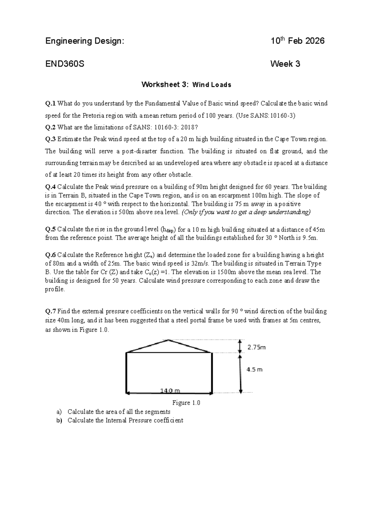Worksheet 3: Wind Loads Analysis for END360S Engineering Design - Studocu
