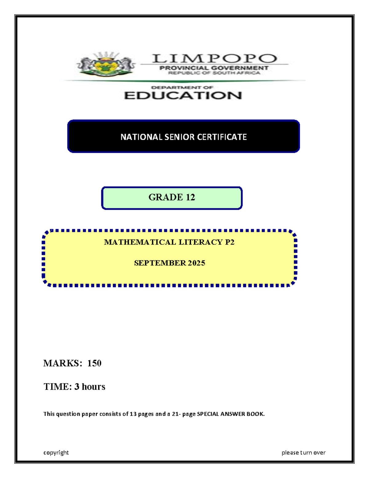 September 2025 NSC Mathematical Literacy P2 Question Paper - Studocu
