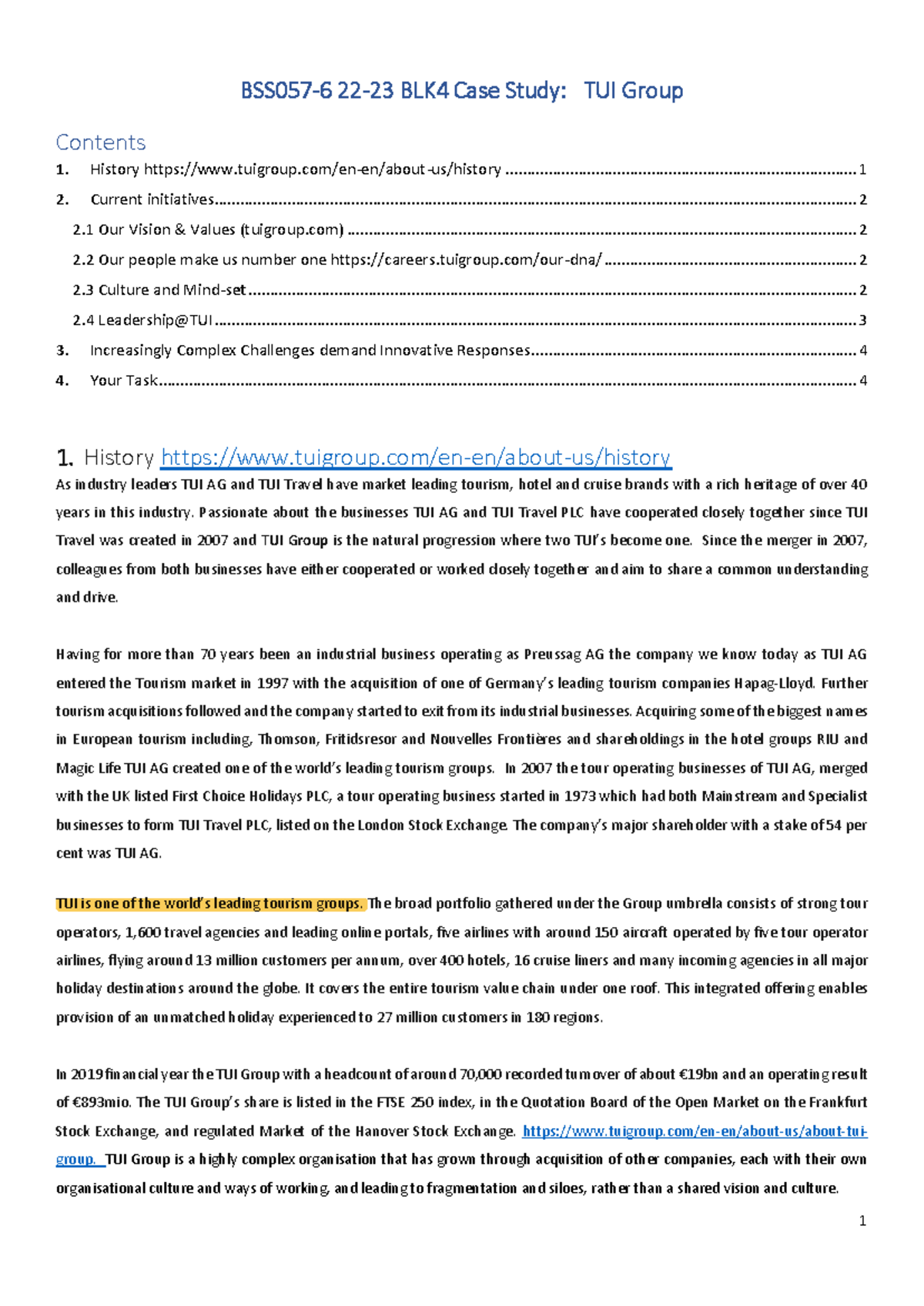 BSS057-6 22-23 Case Study: TUI Group Analysis (Assignment 1) - Studocu