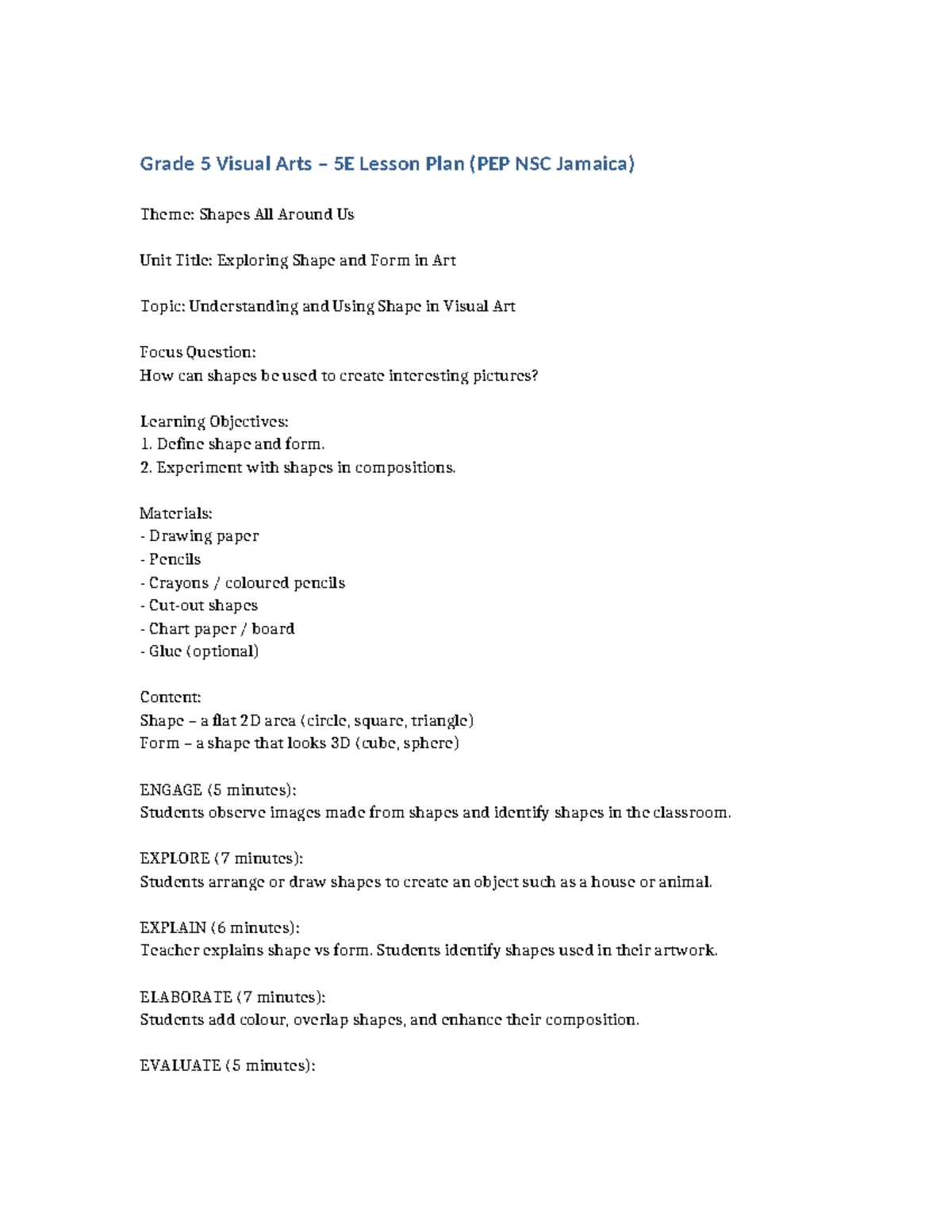 Grade 5 Visual Arts 5E Lesson Plan: Exploring Shapes in Art (PEP NSC ...