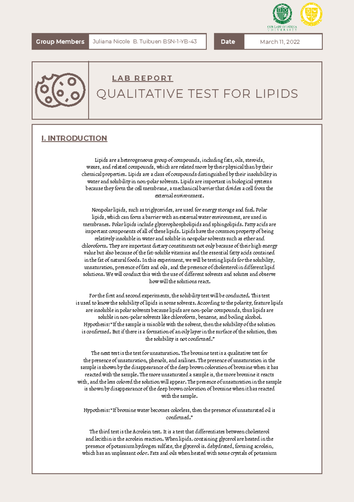 Qualitative Lipid Testing Lab Report - BSNURSING Insights - Studocu