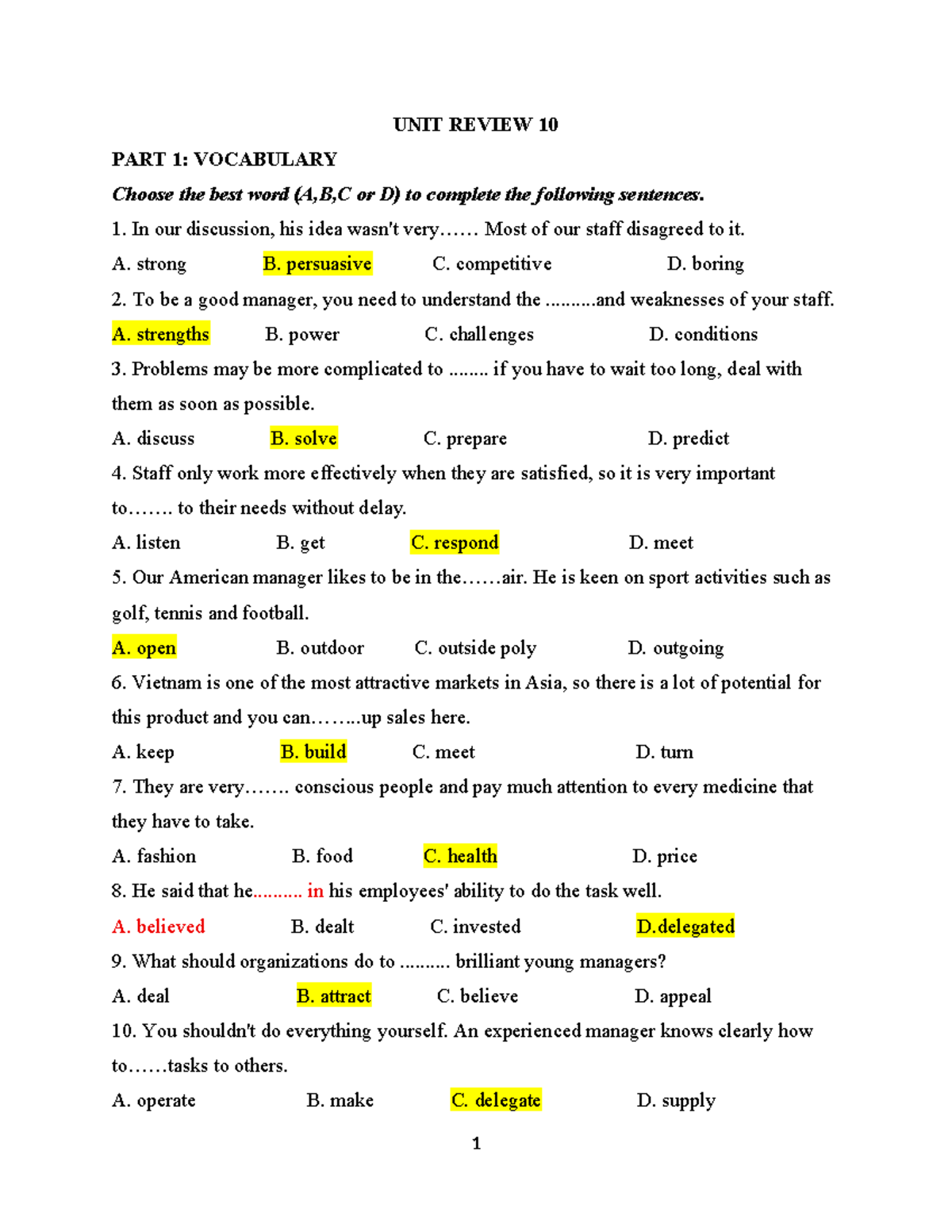 UNIT REVIEW 10: VOCABULARY & GRAMMAR EXERCISES (TA2) - Studocu