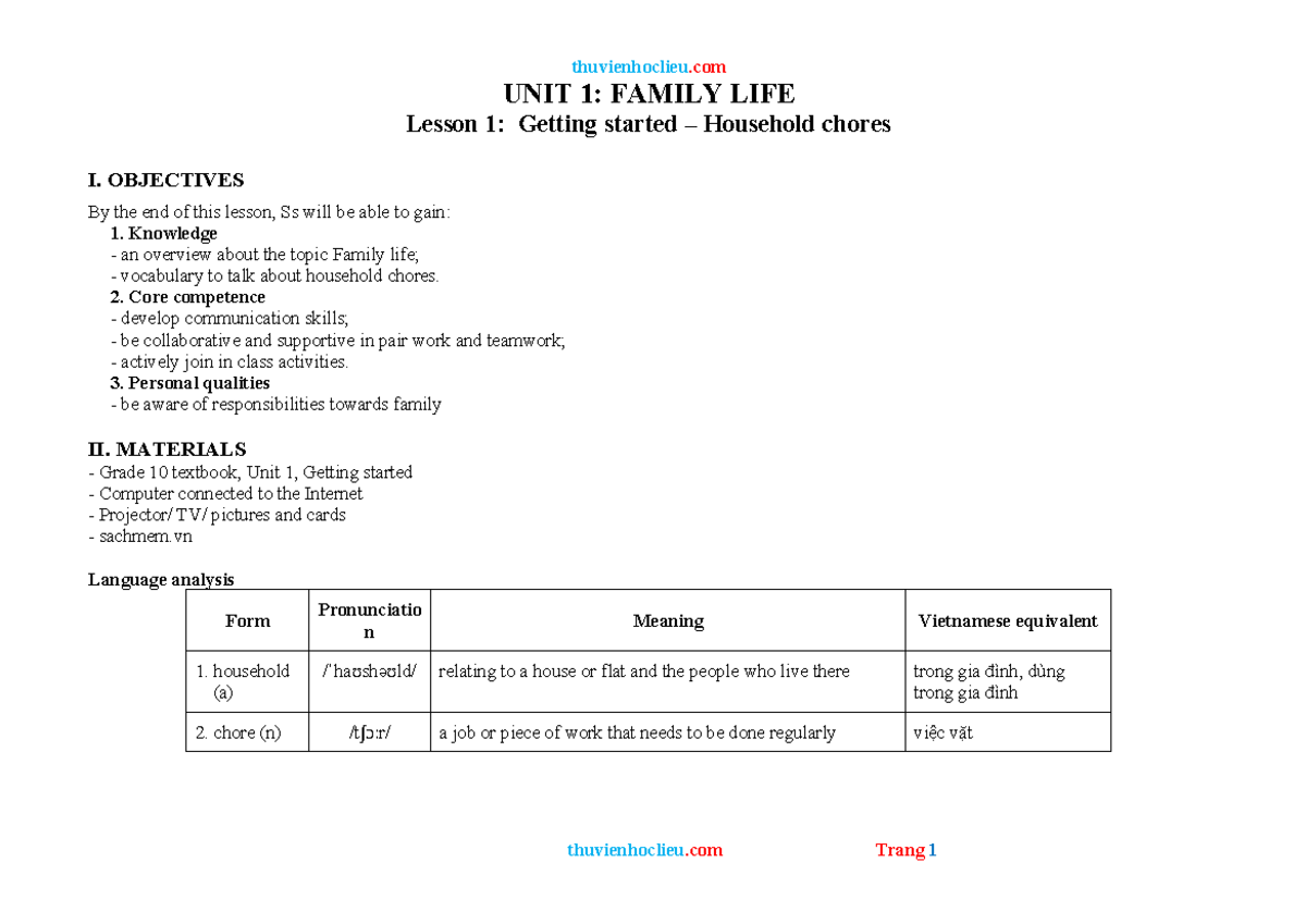 Grade 10 Lesson Plan: Family Life - Getting Started & Language ...