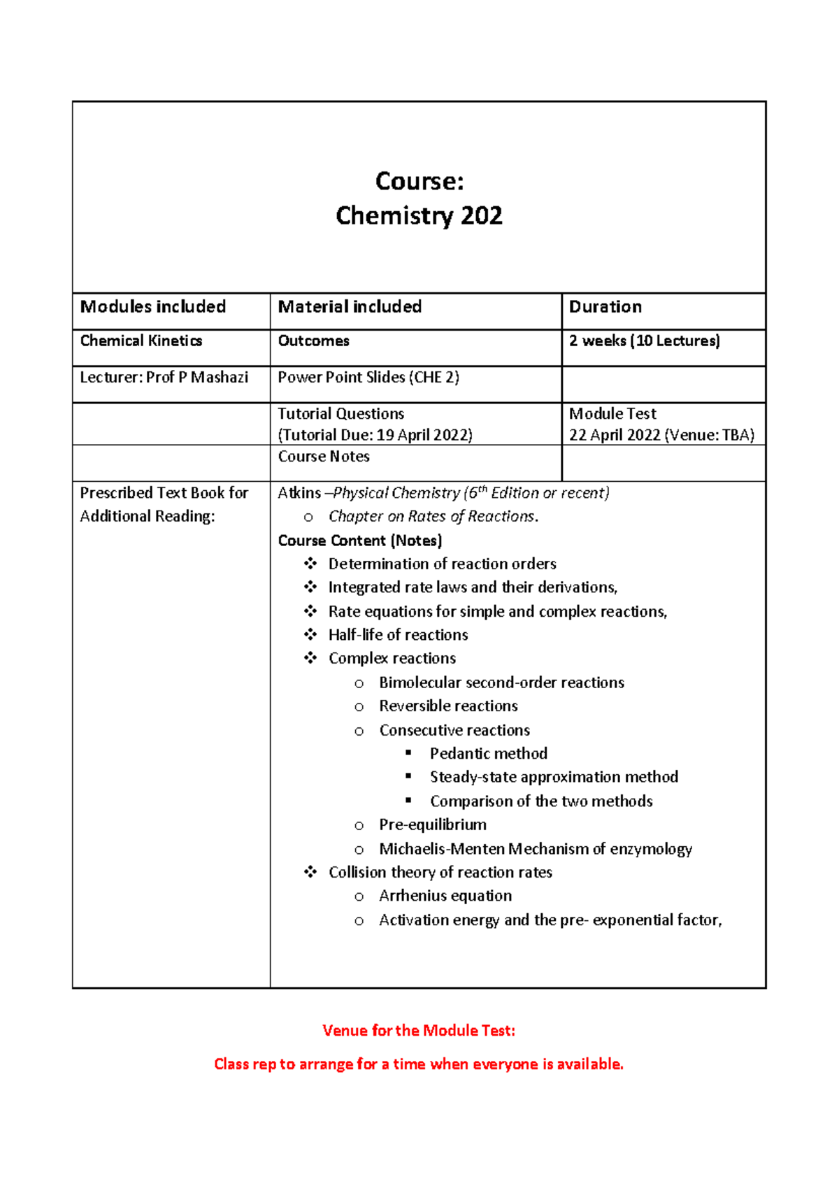 Chemical Kinetics Course Notes - Chemistry 202 (Prof P Mashazi) - Studocu