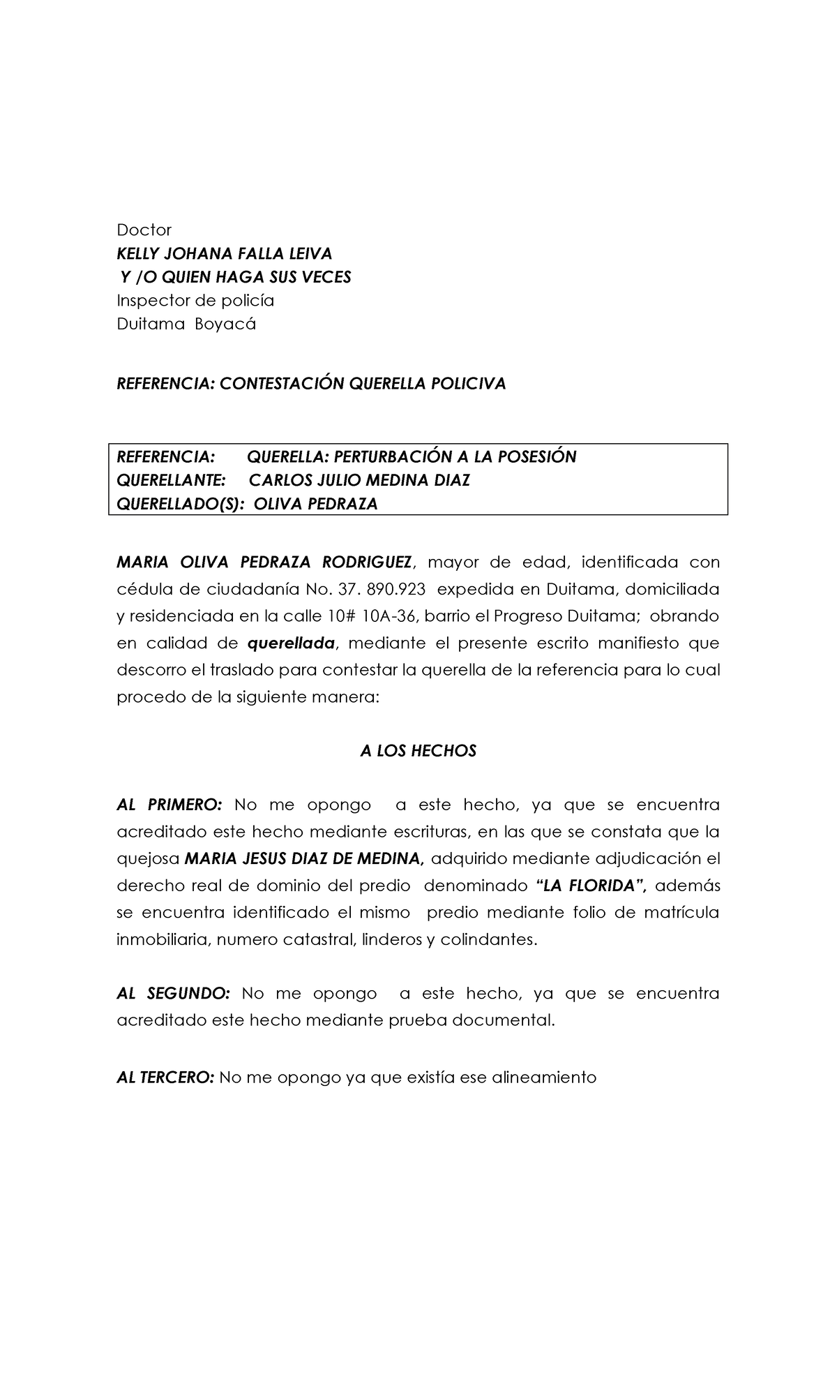 Contestacion Querella Maria Oliva Pedraza Rodriguez - Doctor KELLY ...