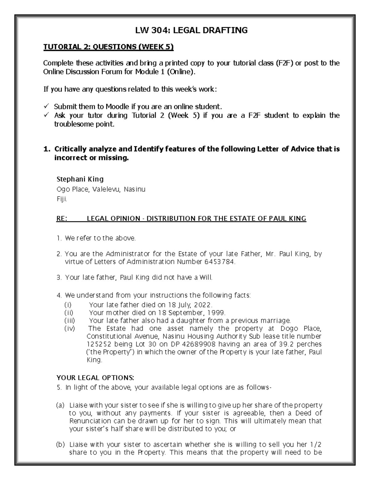 LW 304: Legal Drafting Tutorial 2 - Week 5 Questions - Studocu