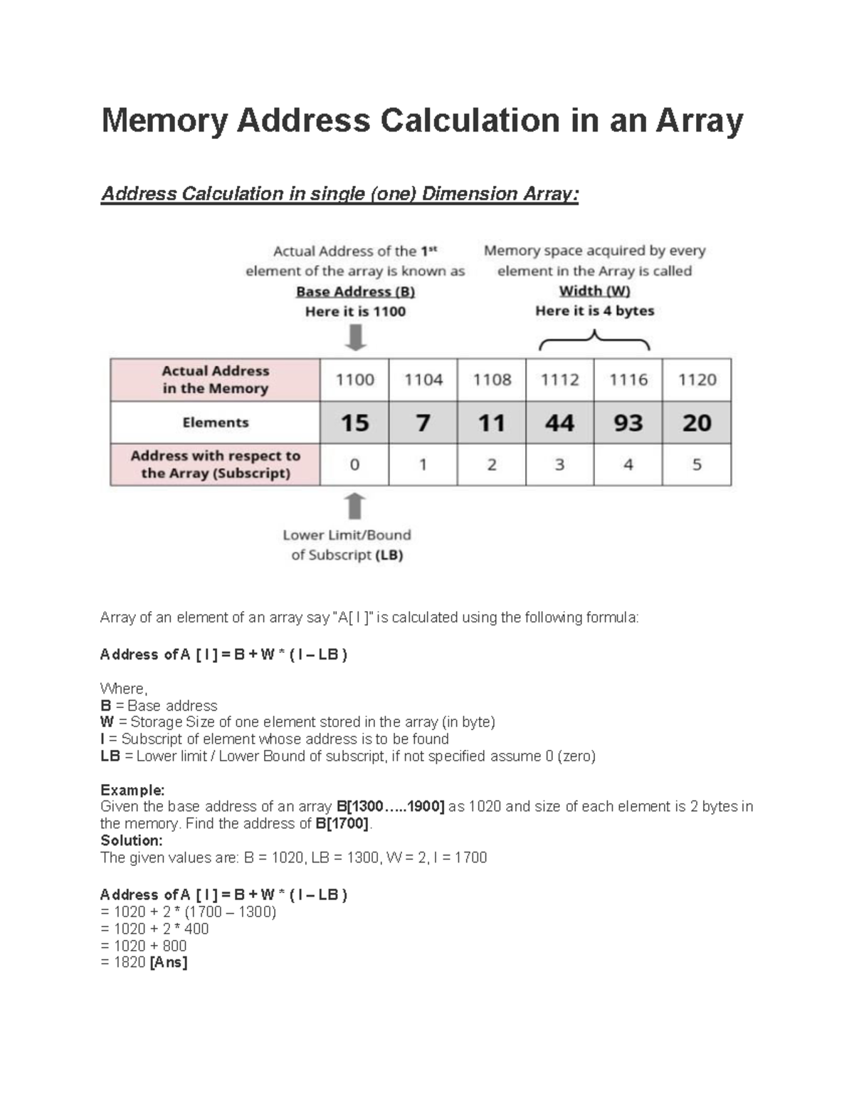 Memory Address Calculation in Arrays: Row & Column Major Methods - Studocu