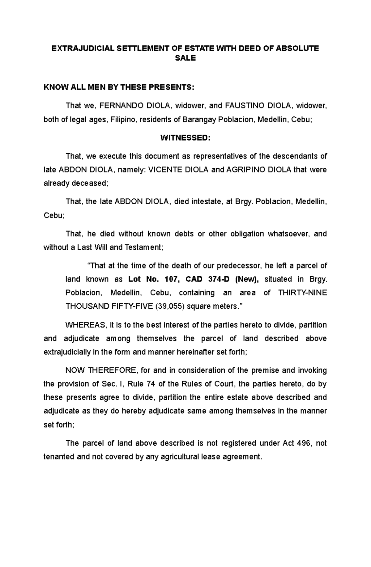ESE-A - SAMPLE - EXTRAJUDICIAL SETTLEMENT OF ESTATE WITH DEED OF ...