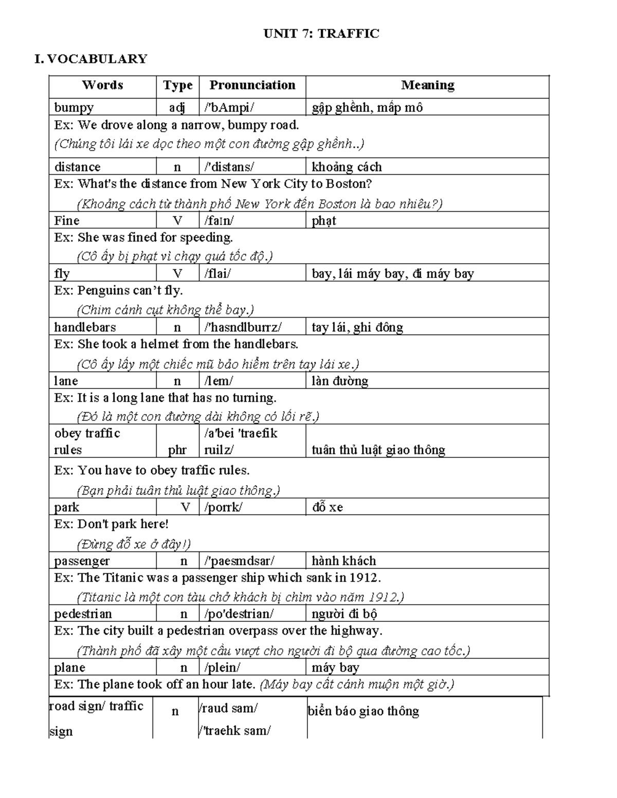 Unit 7: Traffic vocabulary and pronunciation notes for English 7 - Studocu