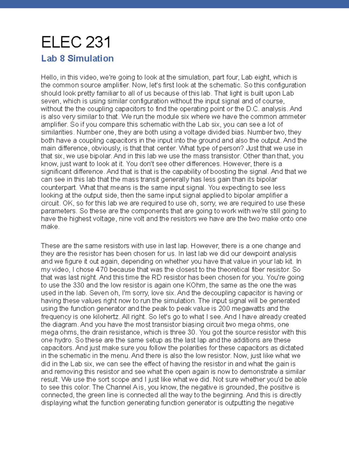 Lab 8 Simulation - ELEC 231 Lab 8 Simulation Hello, in this video, we ...