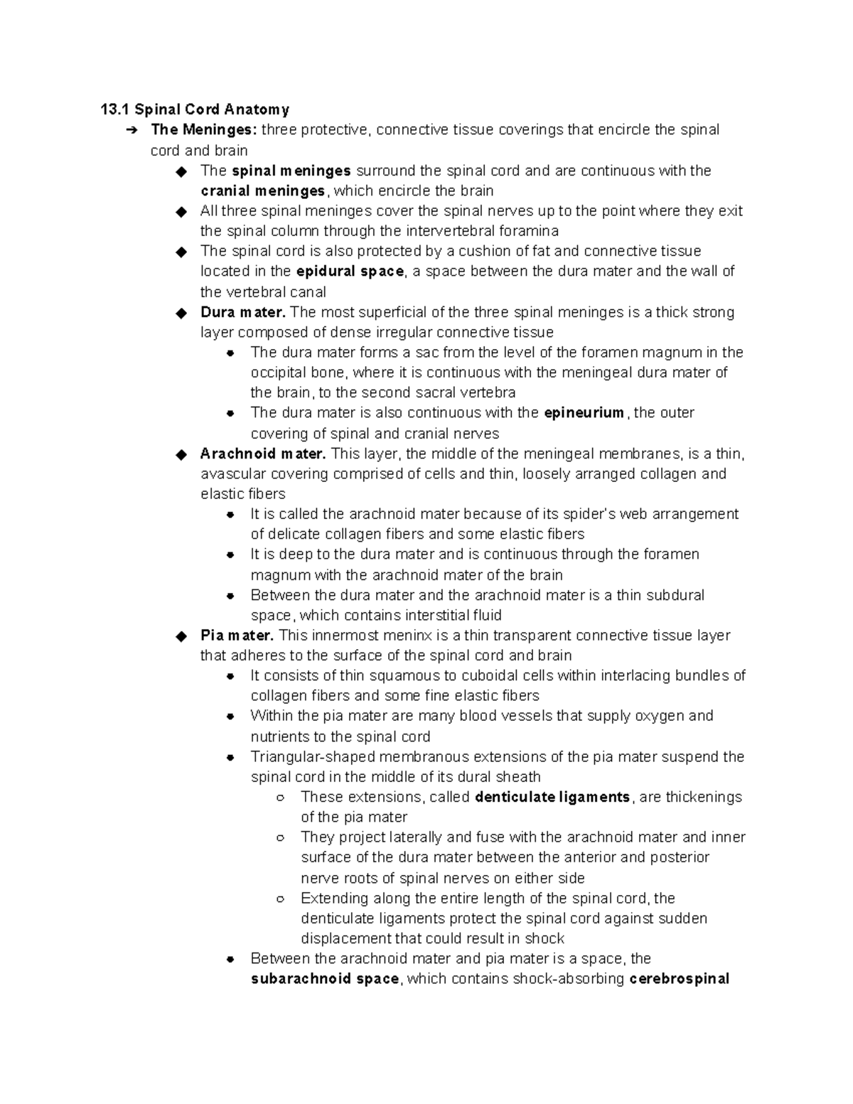 Chapter 13 The Spinal Cord and Spinal Nerves - 13 Spinal Cord Anatomy The Meninges: three - Studocu