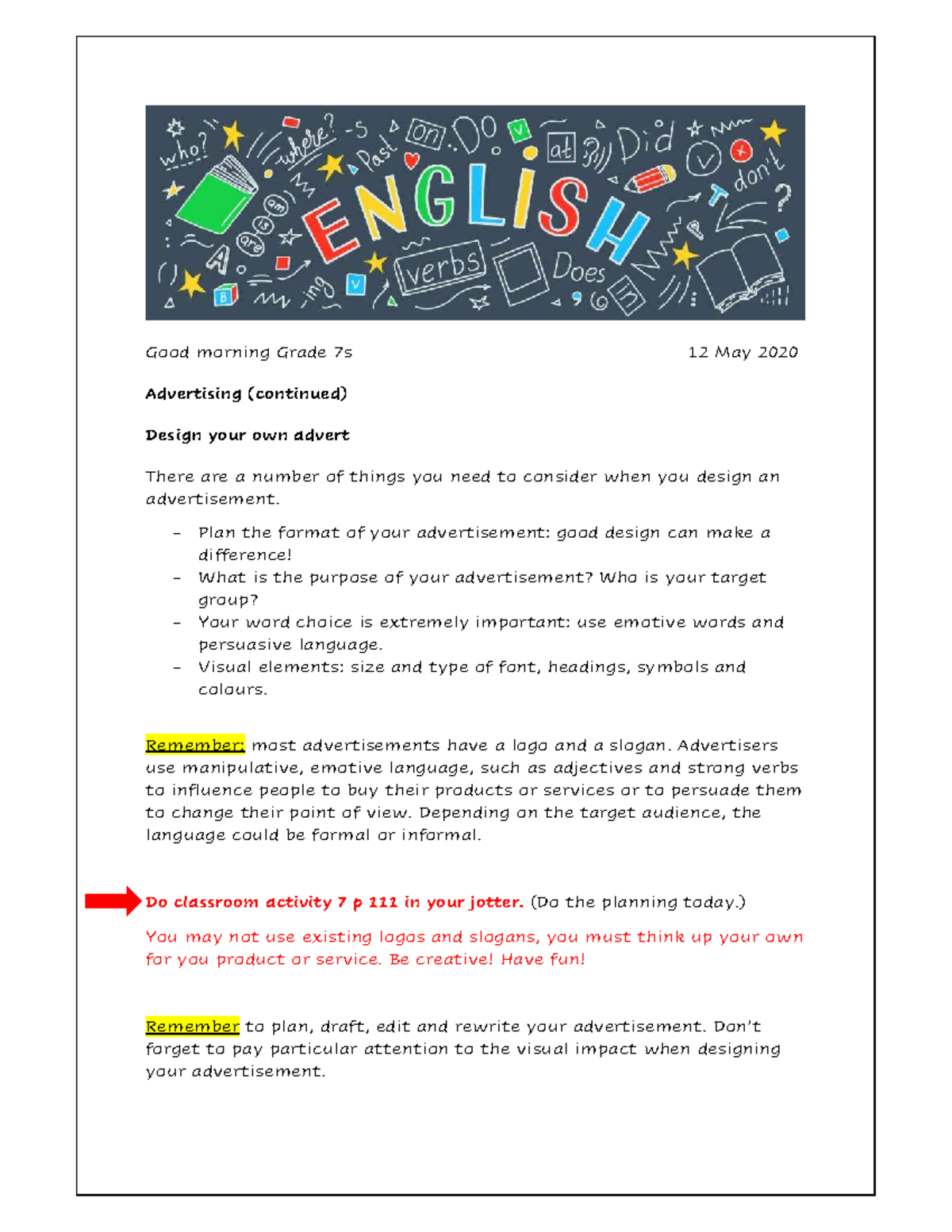 Grade 7 English Task: Designing Your Own Advert (12 May) - Studocu