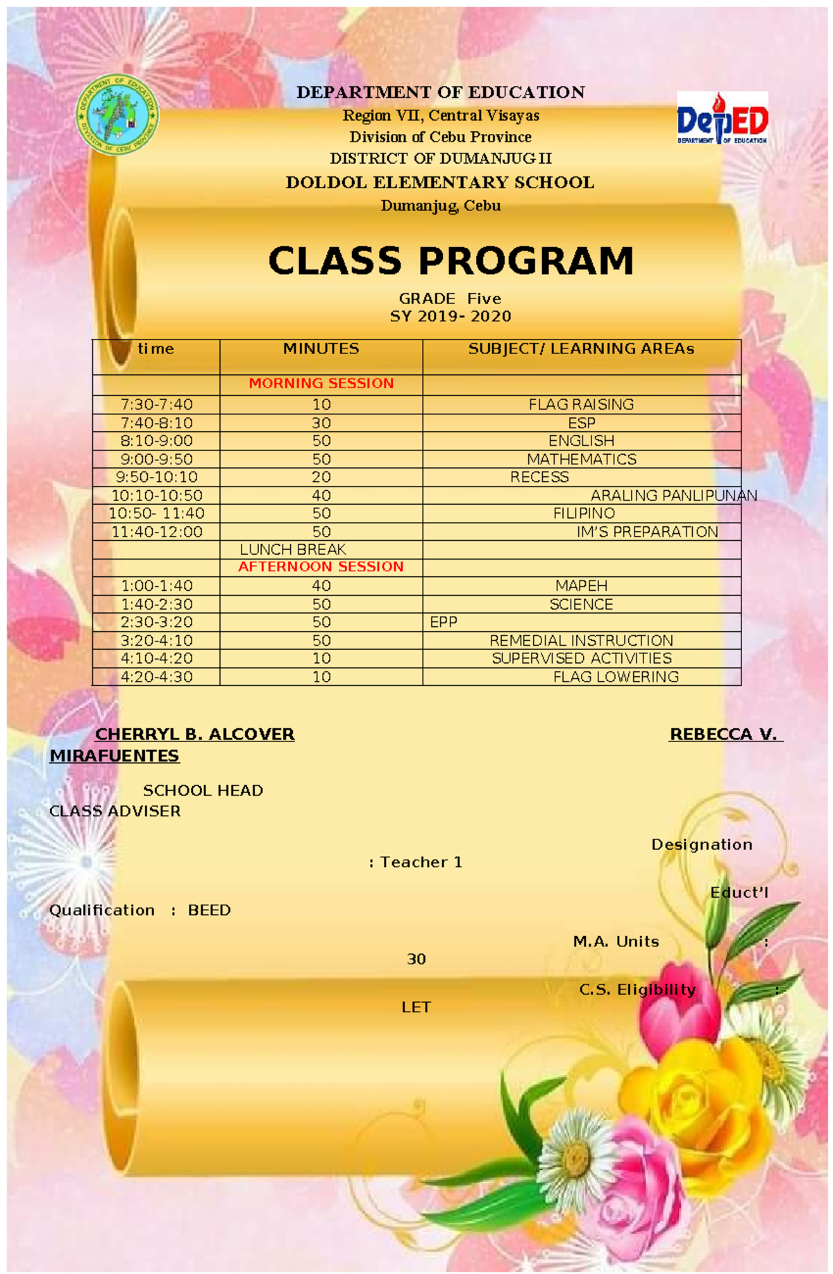Class Program for Grade 5 - SY 2020 - Doldol Elementary School - Studocu