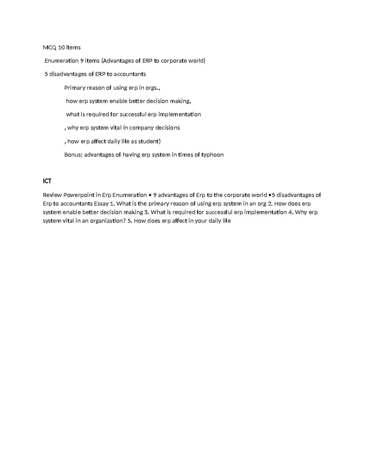 ICT Midterm Exam: ERP Advantages, Disadvantages & Implementation Insights - Studocu