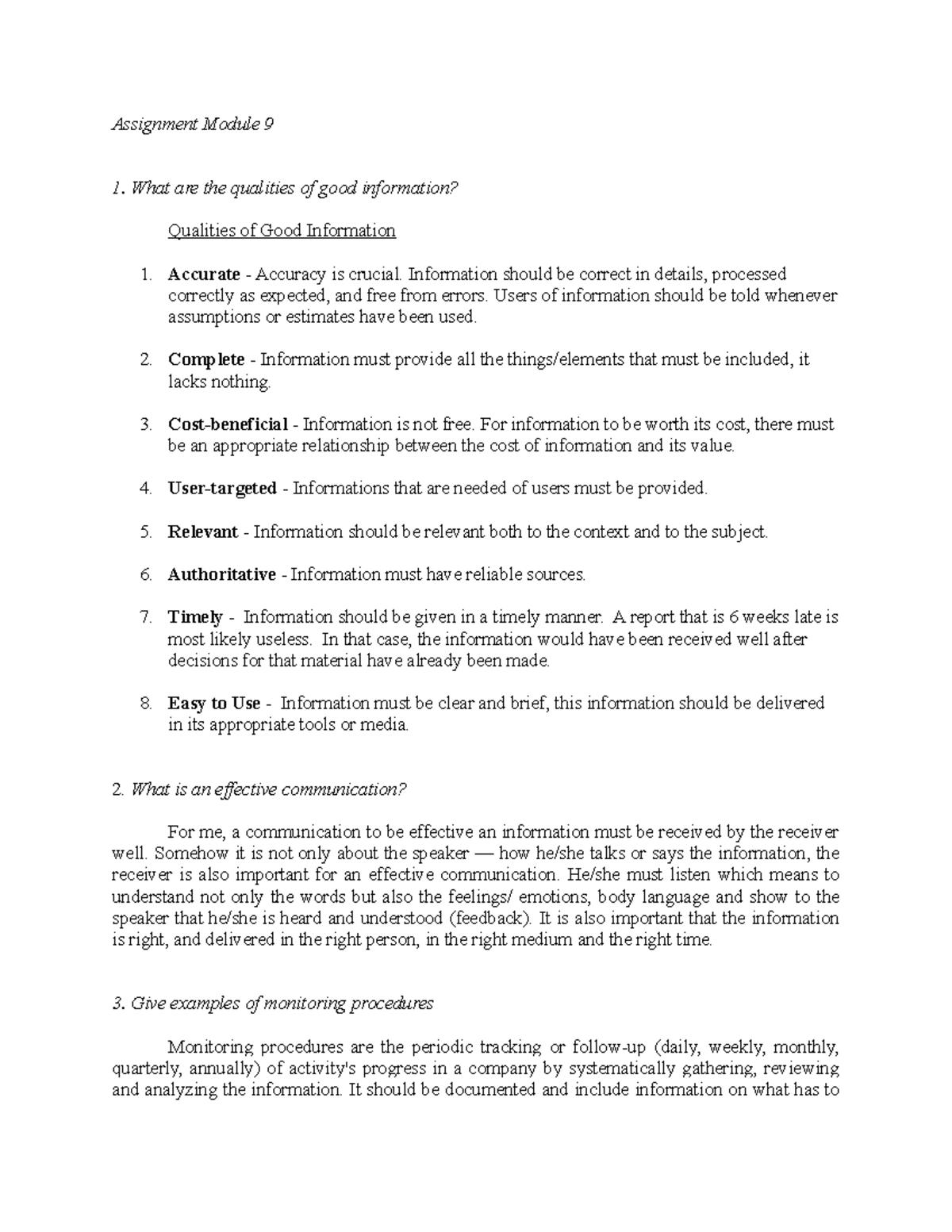 Assignment Module 9: Essential Qualities of Good Information - Studocu