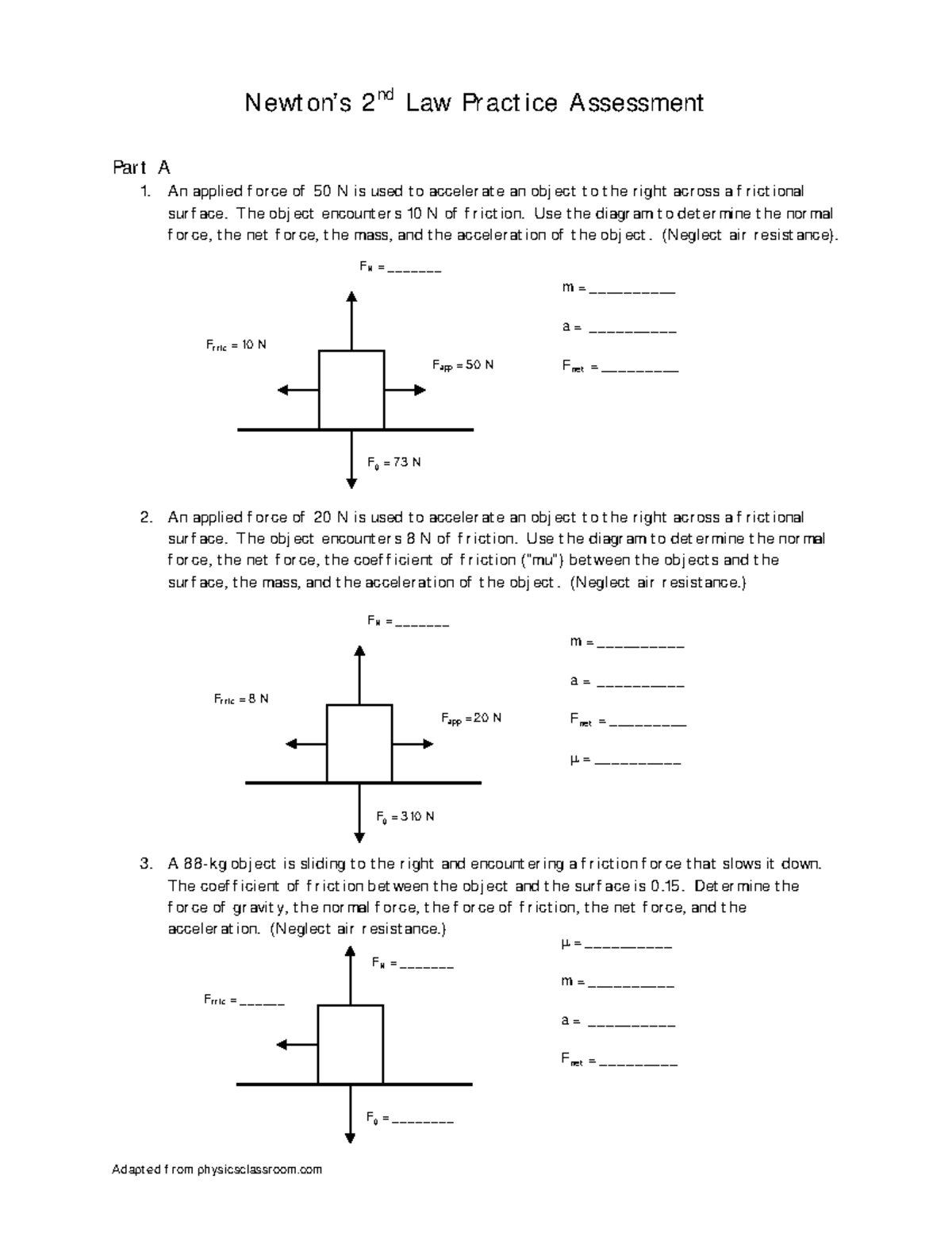 Newton's 2nd Law Practice Assessment Part A: Forces & Acceleration ...