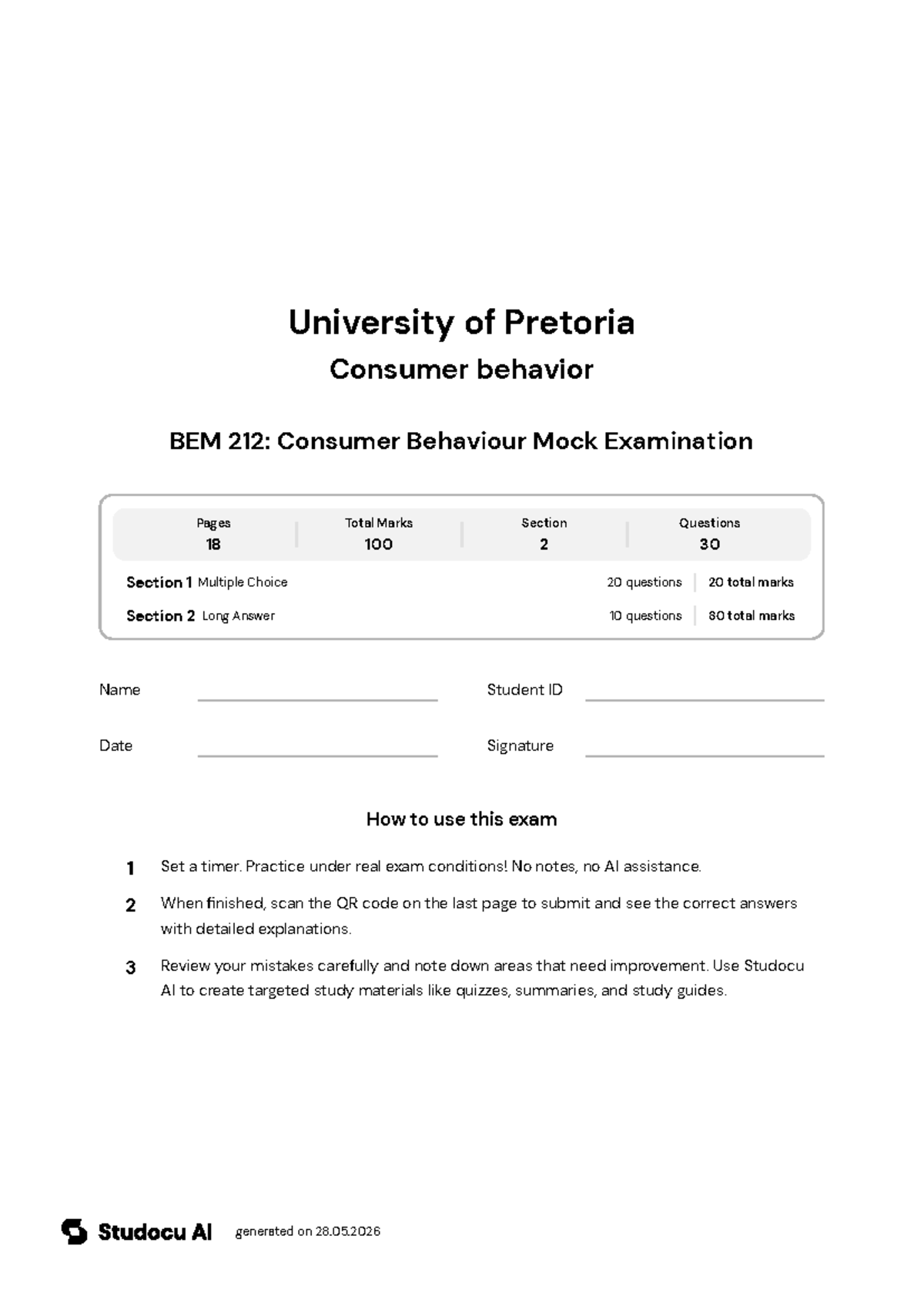 BEM 212: Consumer Behaviour Mock Exam - Practice Questions & Answers ...