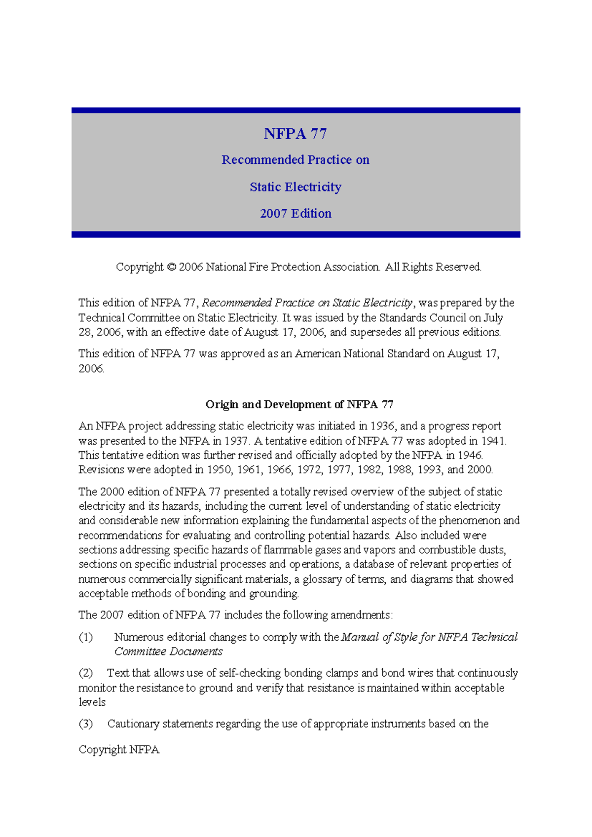 NFPA 77 - 2007 Edition: Recommended Practice on Static Electricity ...
