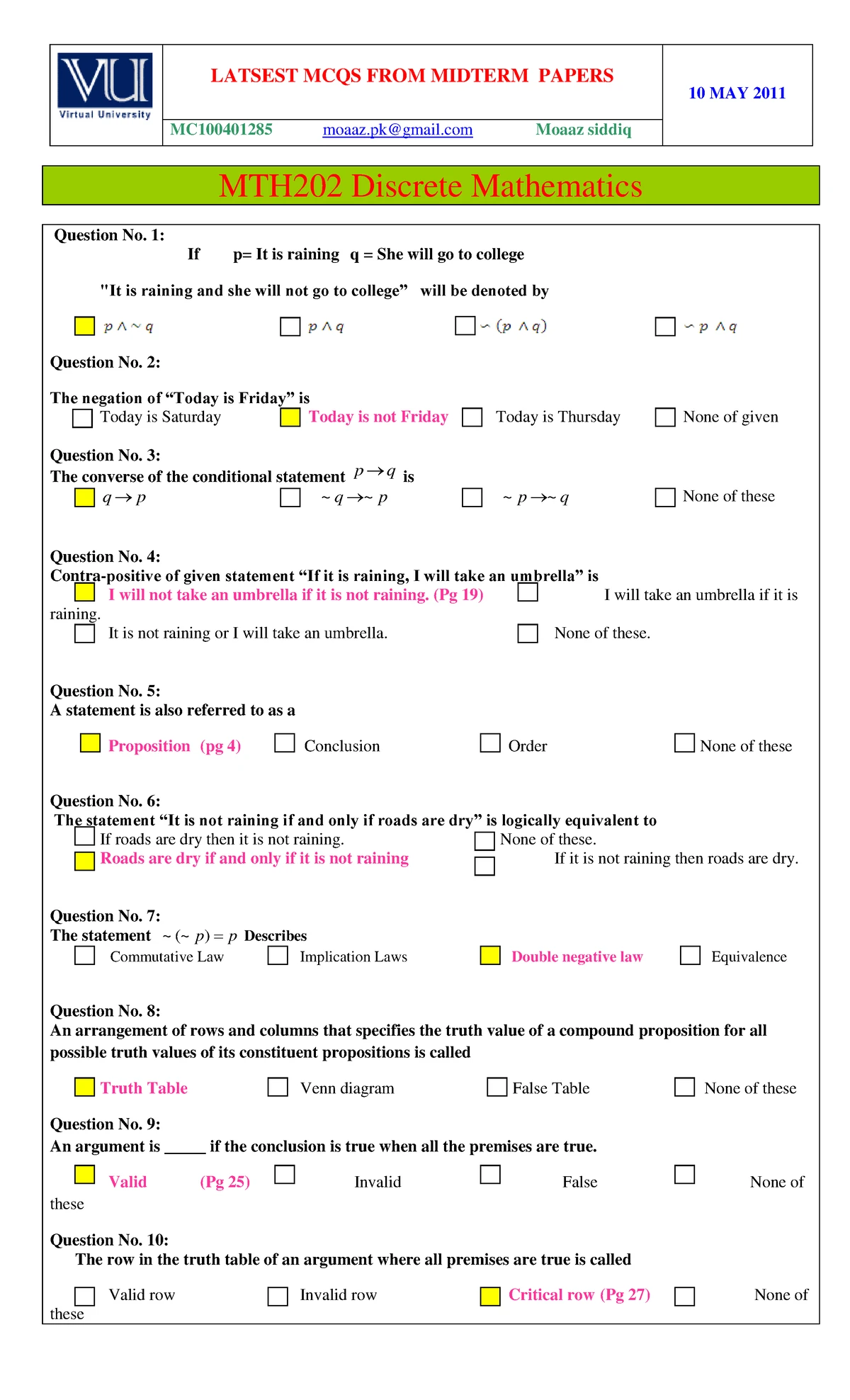 Cs101 Mid Term Mcqs With Reference Solved Cs101 Introduction To