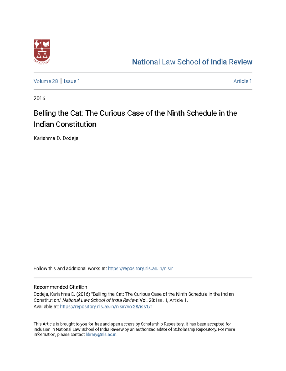 Belling the Cat The Curious Case of the Ninth Schedule in the In ...
