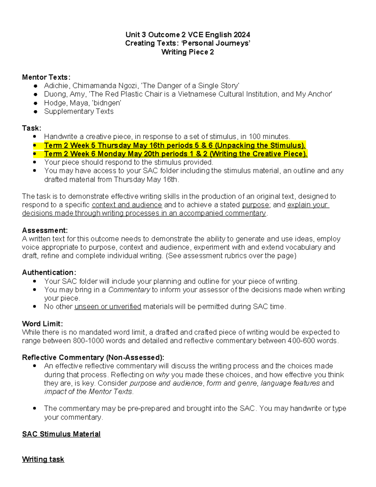 VCE ENG Unit 3 Outcome 2 SAC: Creating Texts Task 2 Instructions 2024 ...