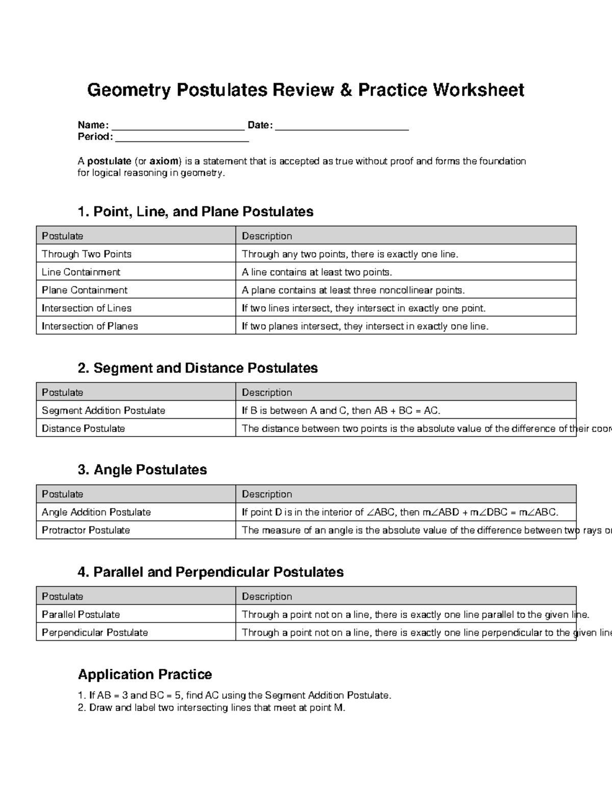 Geometry Postulates Review Worksheet for Practice - Studocu