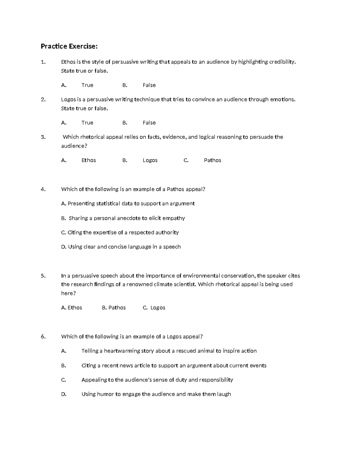Practice Exercise: Ethos, Pathos, Logos Analysis - Studocu