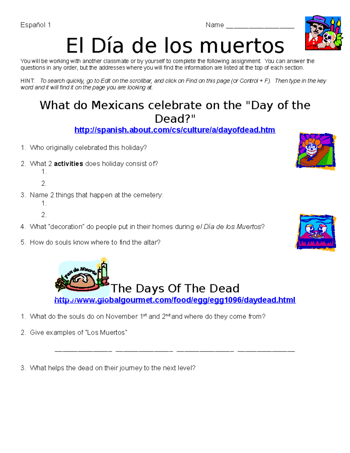 Español 1: El Día de los Muertos Assignment Questions & Activities ...