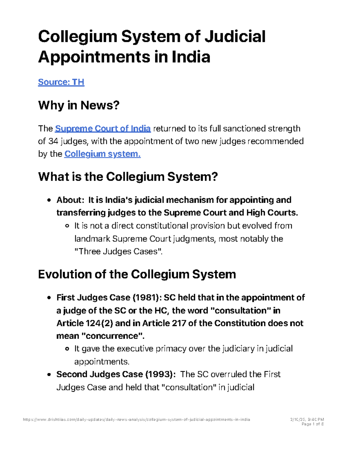 Collegium System of Judicial Appointments in India: Evolution ...