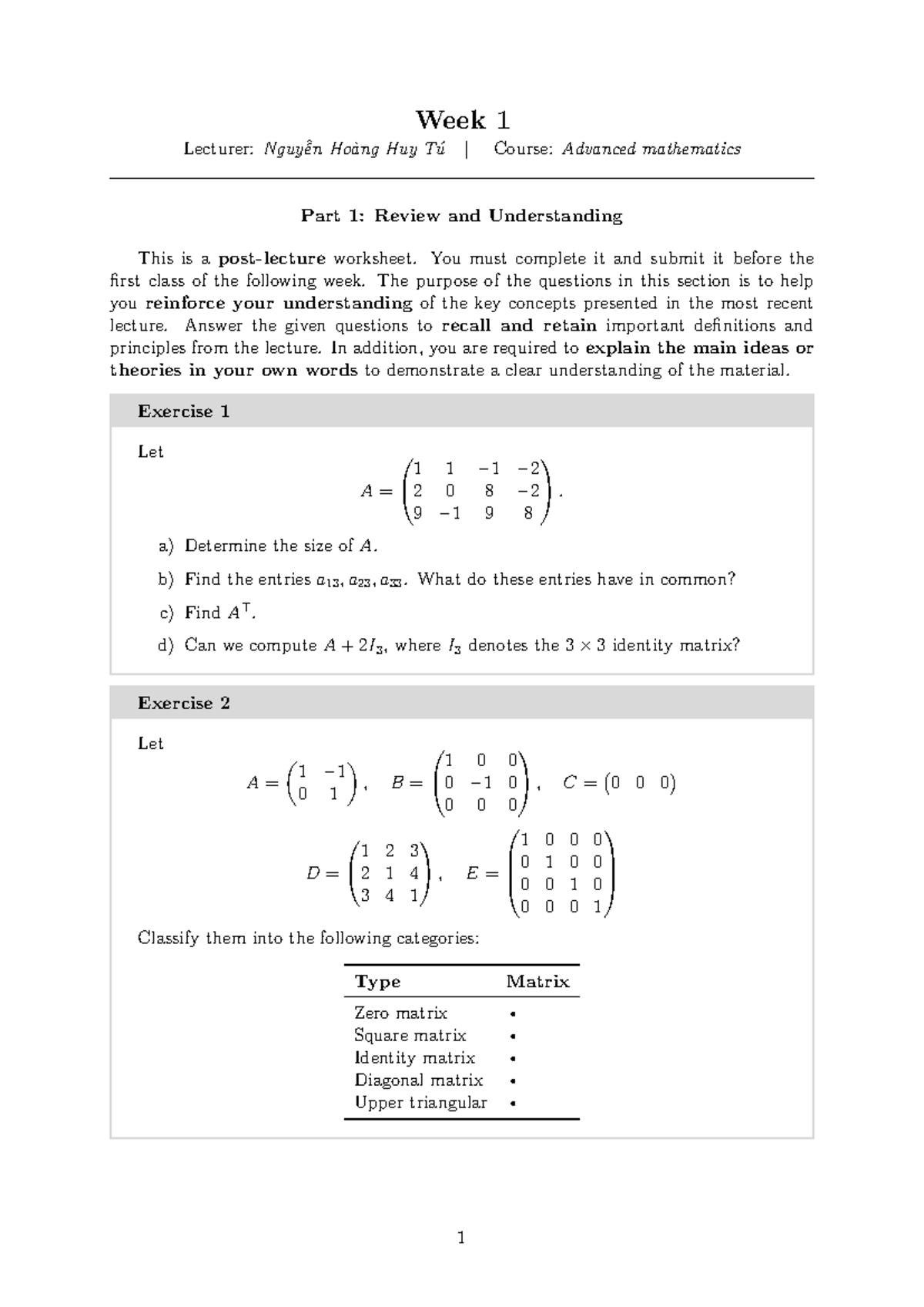 Week 1 Lecture: Advanced Mathematics Part 1 - Review & Exercises - Studocu