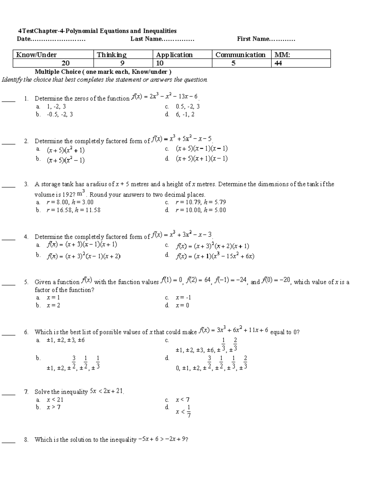 Test on Chapter 4: Polynomial Inequalities (MM: 44) - Studocu