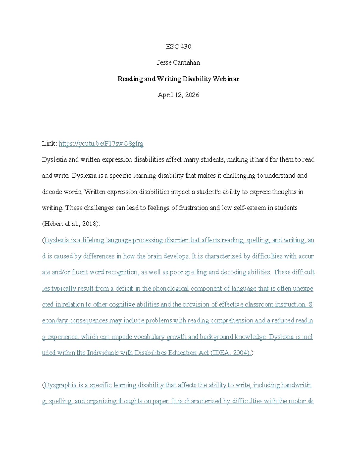 ESC 430 Dyslexia & Written Expression Disabilities Webinar Notes - Studocu