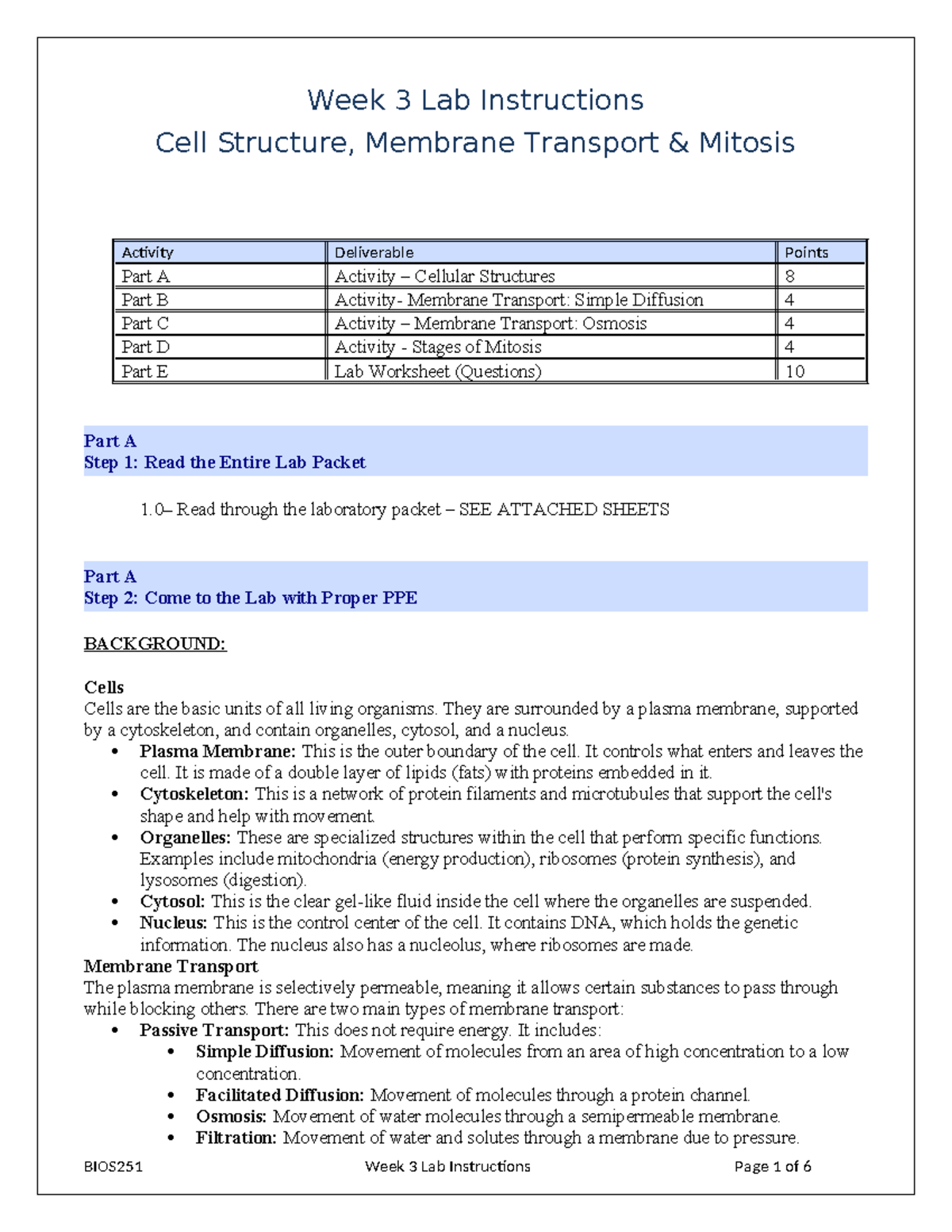 BIOS251 Week 3 Lab: Cell Structure, Membrane Transport & Mitosis ...