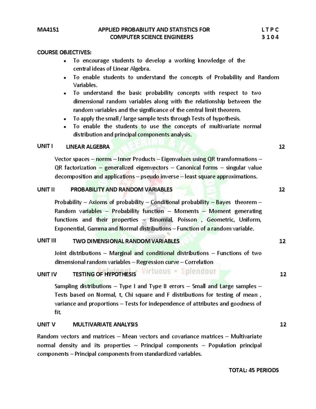 MA4151 - Applied Probability & Statistics for CSE: Course Overview - Studocu