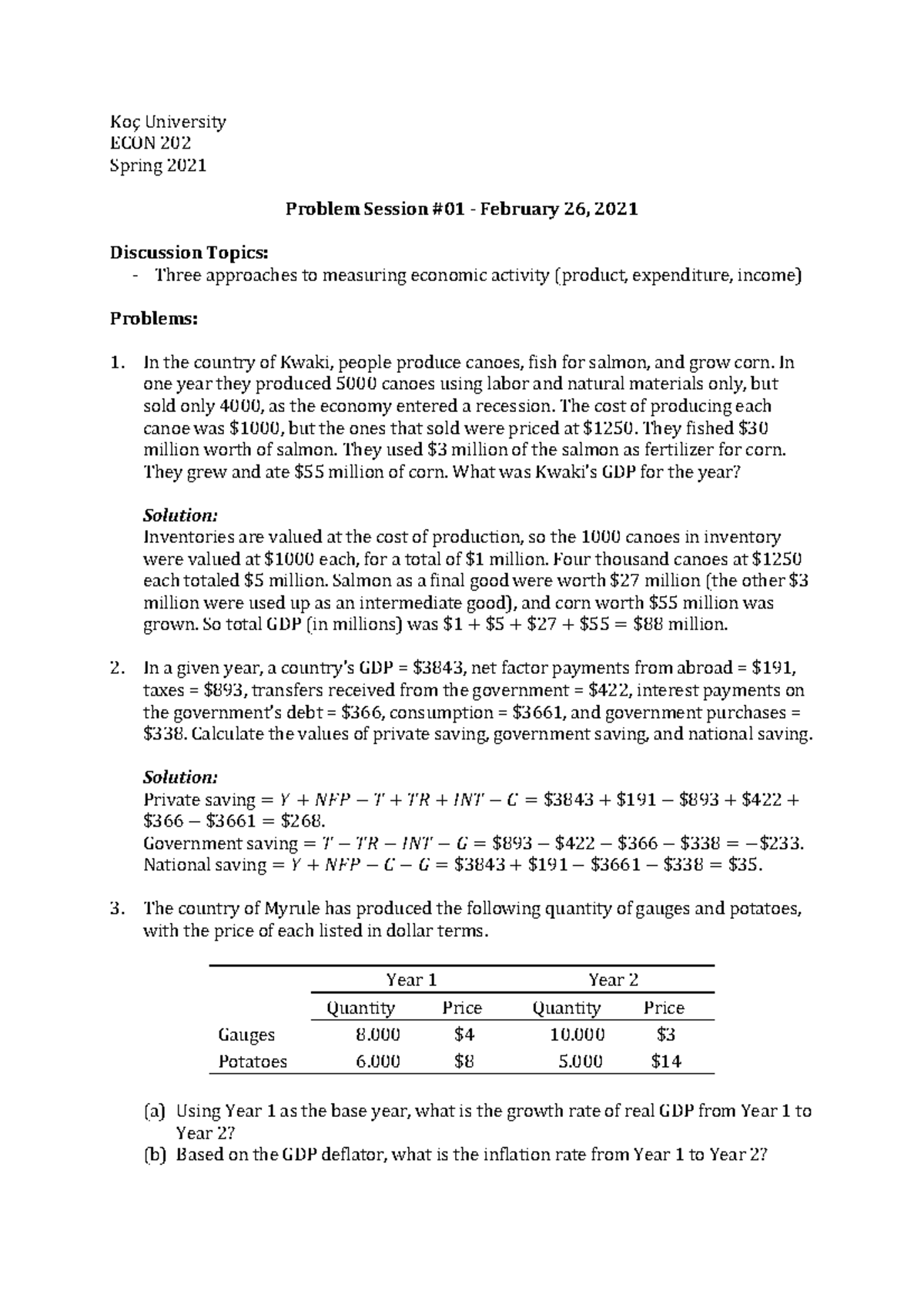 Koç University ECON 202 Spring 2021 Problem Session: GDP & Economic ...