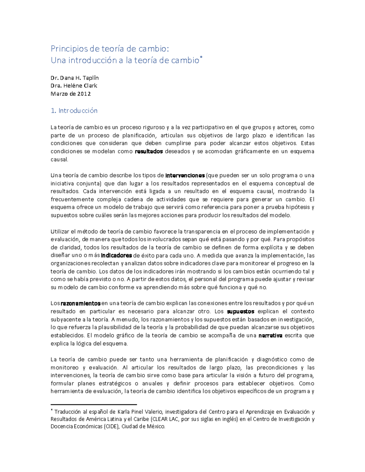Introducción a la Teoría de Cambio: Taplin y Clark 2012 CAS - Studocu