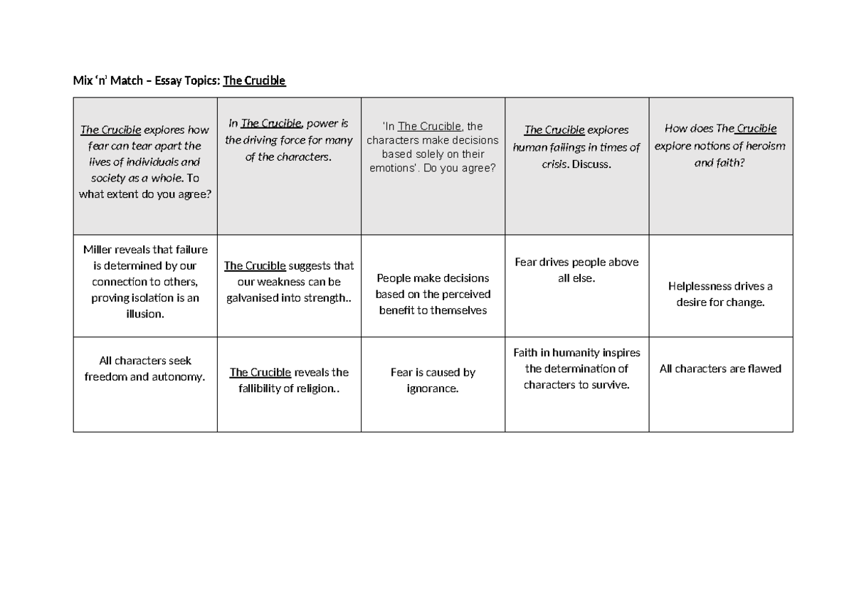 13b. Arguments and Ideas Mix n Match - Student Copy - Mix ‘n’ Match ...