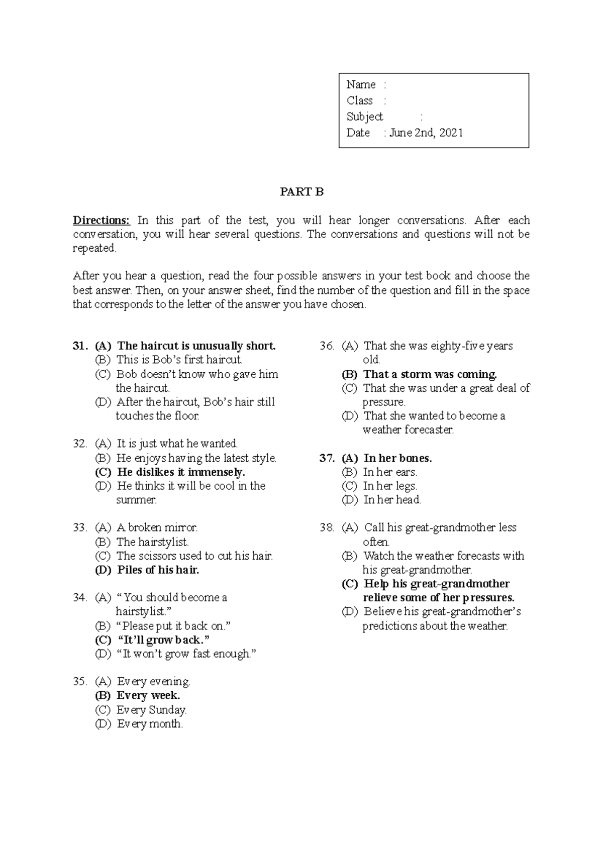 Listening Comprehension Test - Part B Guide - Studocu